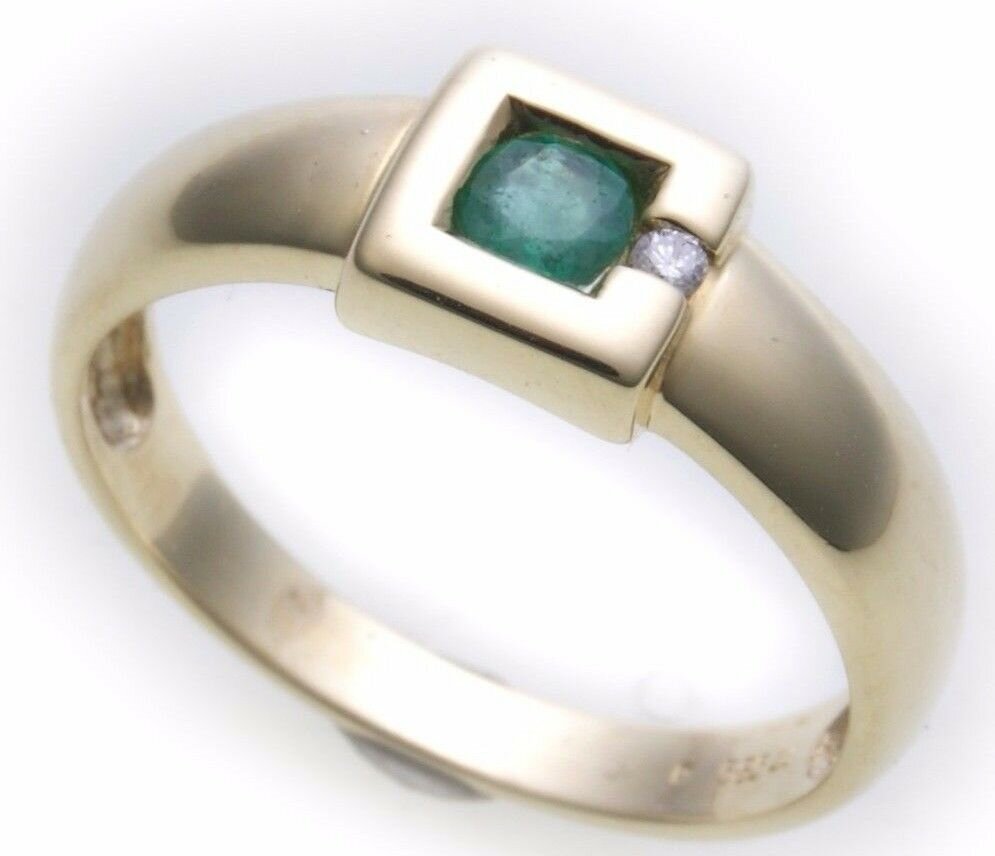 Damen Ring echt Gold 585 Smaragd 14kt Diamant Gelbgold Brillant 0,015 ...